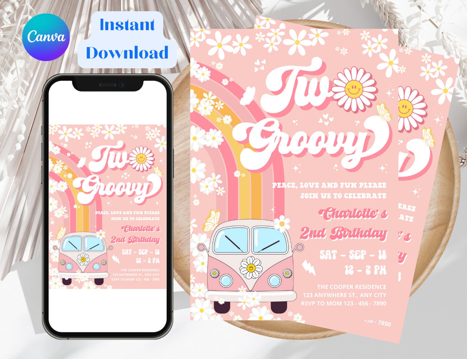 Editable TWO Groovy Girl Pink Peach Van Daisy Rainbow Groovy 2nd ...