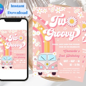 Editable TWO Groovy Girl Pink Peach Van Daisy Rainbow Groovy 2nd ...