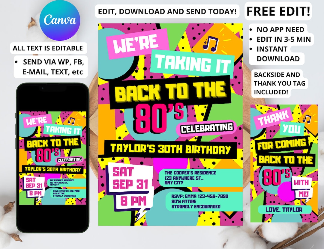 Editable 80s Party Invitation, Back to the 80s, Throwback Party, House ...