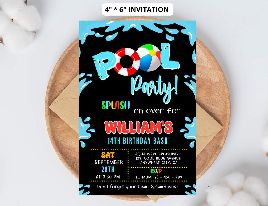 Editable Pool Party, Pool Party Birthday, 4x6 & 5x7, Splash Invitation ...