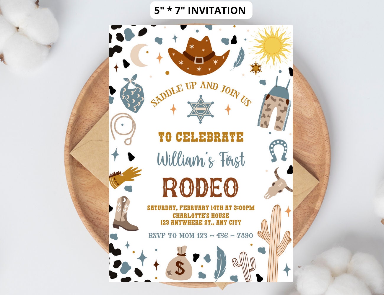 Editable My First Rodeo Invitation Cowboy Birthday Invite Wild West ...