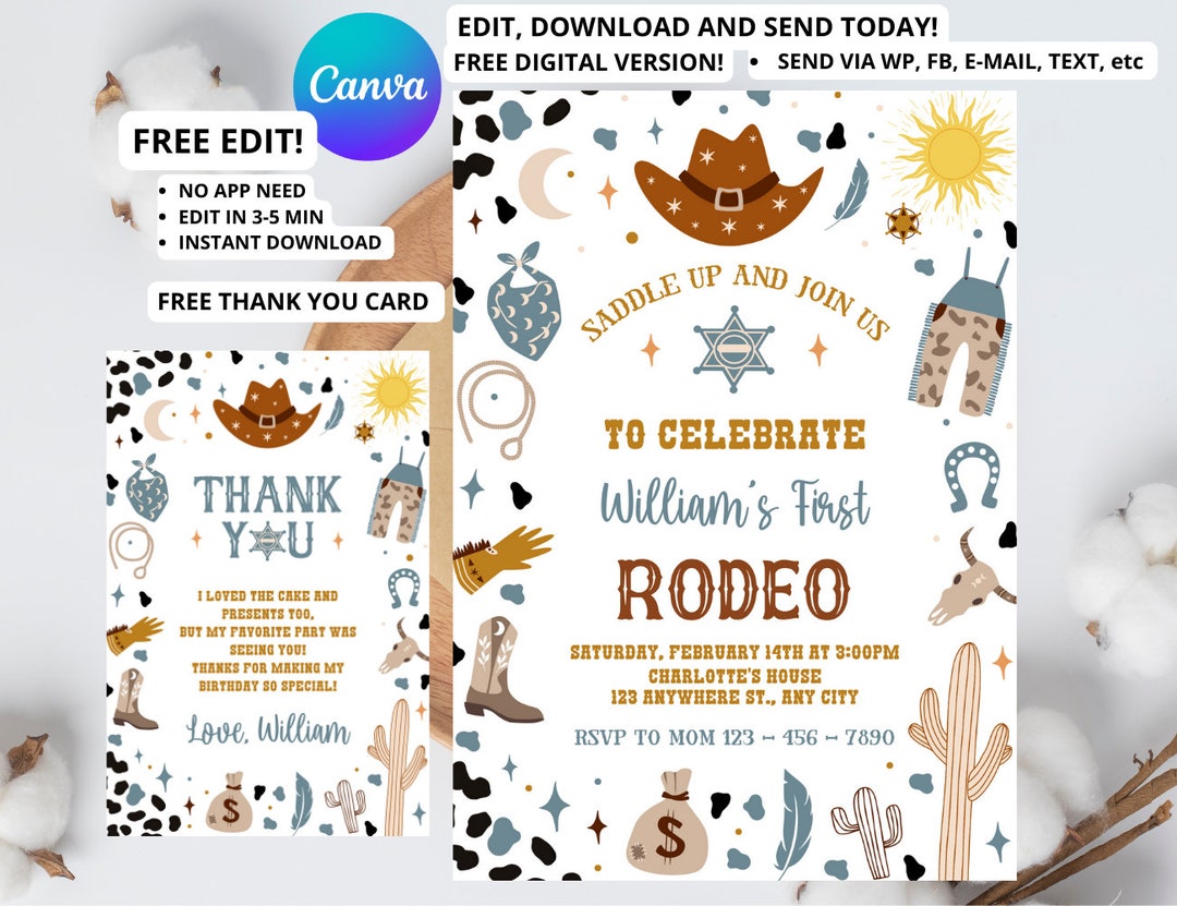 Editable My First Rodeo Invitation Cowboy Birthday Invite Wild West ...