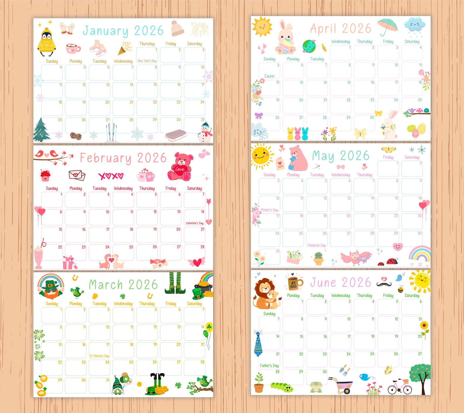 2026 Calendar Printable,cute Kids Calendar 2026,wall Calendar Pdf ...