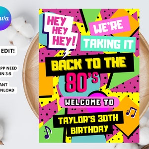 Editable 80s Party Welcome Sign, Back to the 80s, Throwback Party ...
