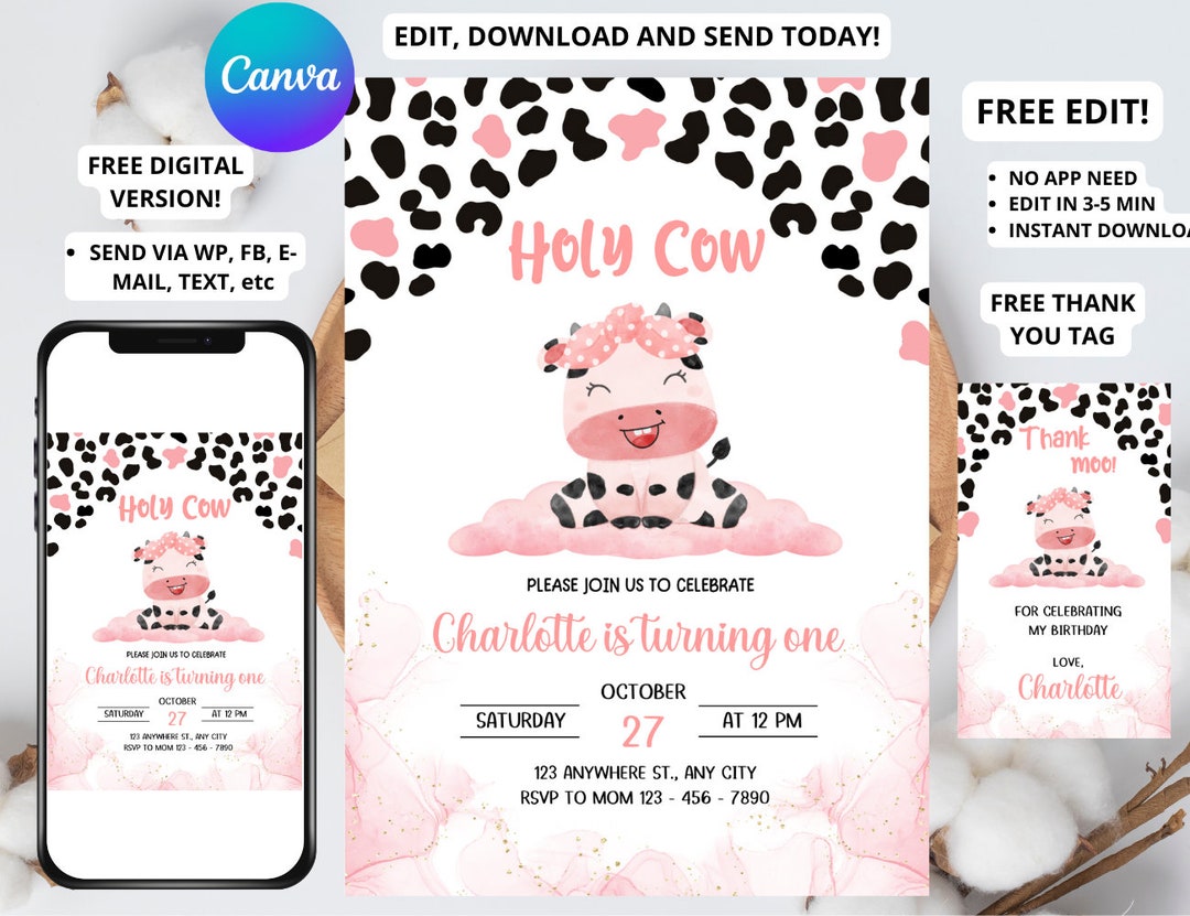 Holy Cow Birthday Invitation Template, Holy Cow Invitation, Editable ...