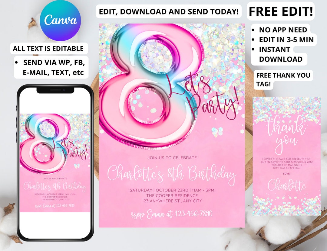 Editable Pink 8th Birthday Invitation Template Glitter Birthday Party ...