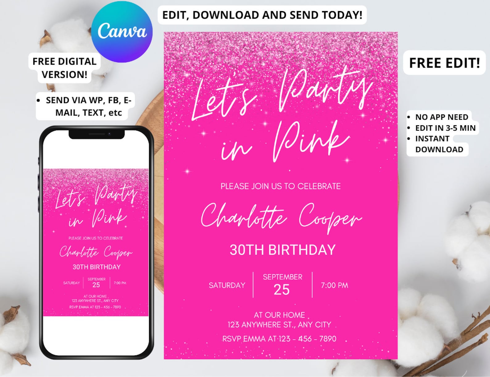 Editable Lets Party in Pink Birthday Invitation, Printable Birthday ...