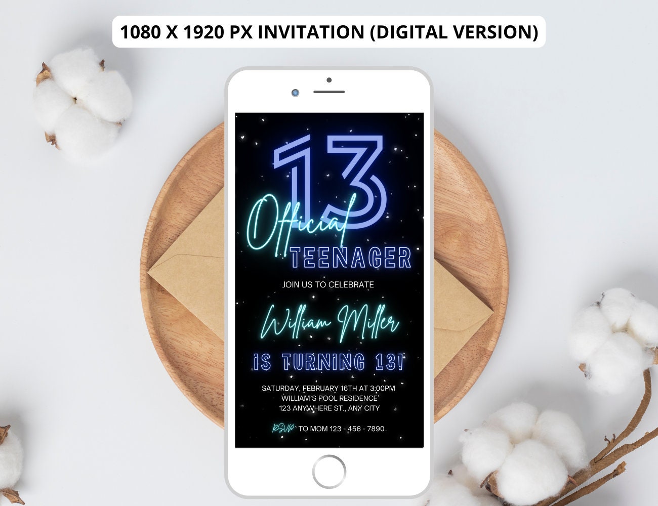 EDITABLE Neon Birthday Invitation 13th Boy Birthday Invitation, 13th ...