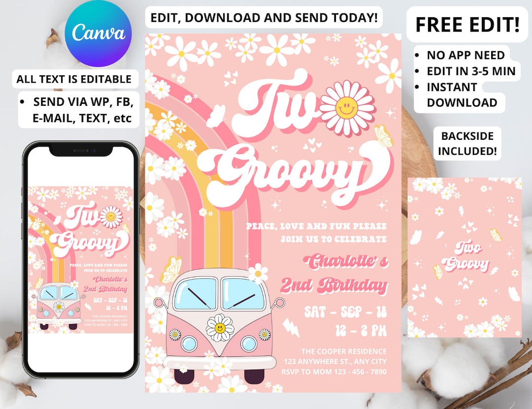 Editable TWO Groovy Girl Pink Peach Van Daisy Rainbow Groovy 2nd ...