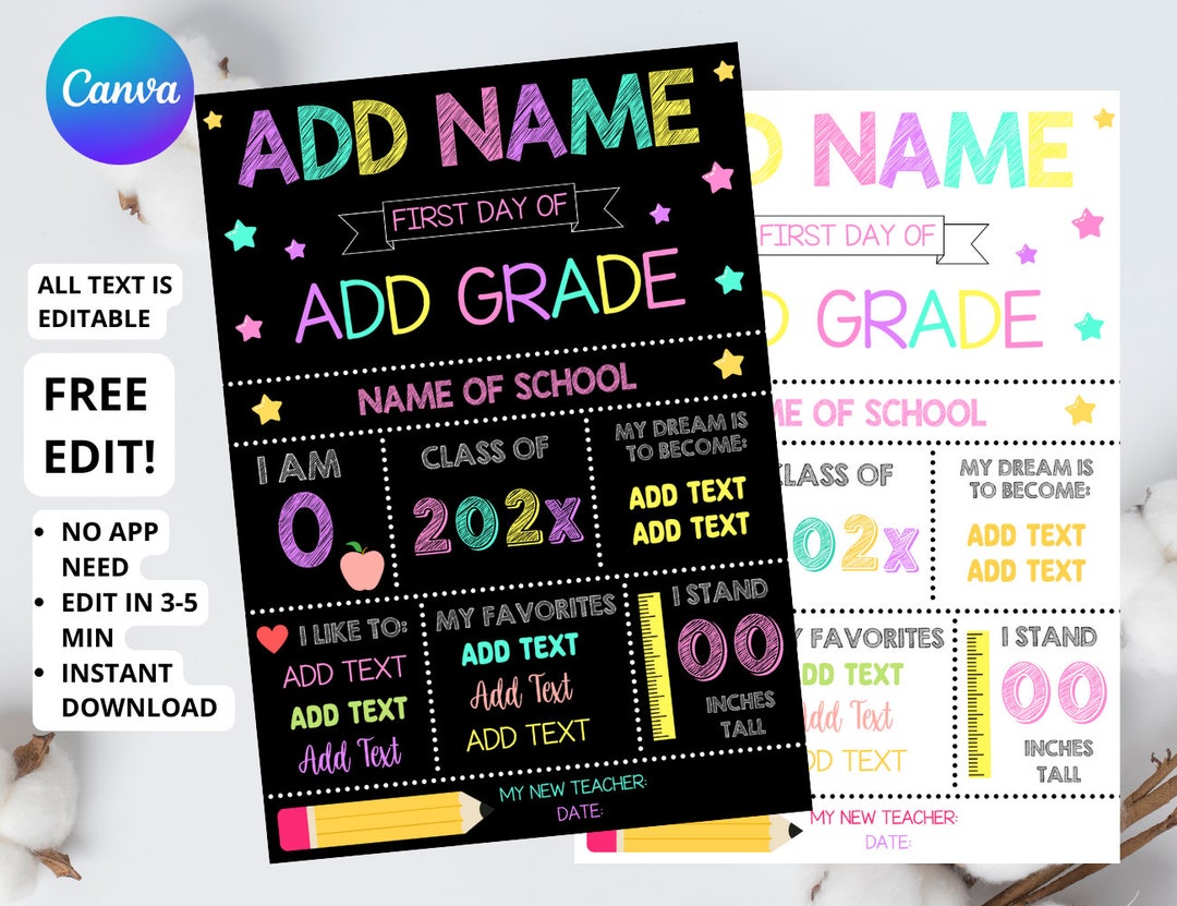 Chalkboard Back to School Sign, Editable First Day of School Sign ...