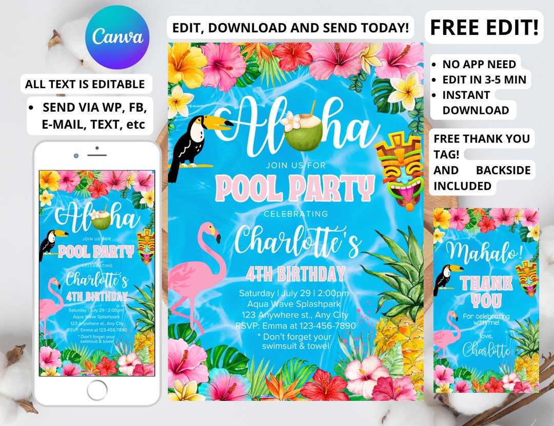 Editable Aloha Pool Party Invitation, Hawaiian Birthday Invite ...