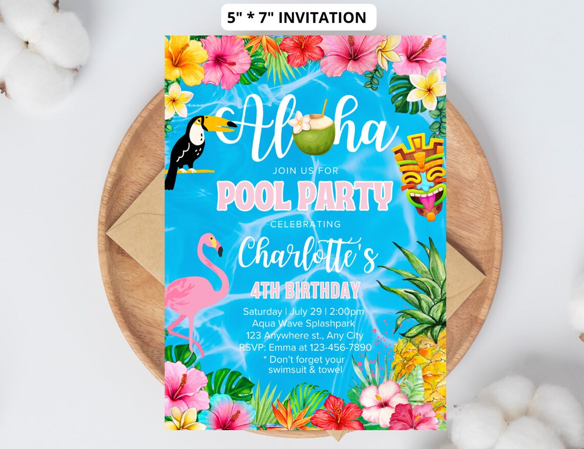 Editable Aloha Pool Party Invitation, Hawaiian Birthday Invite ...