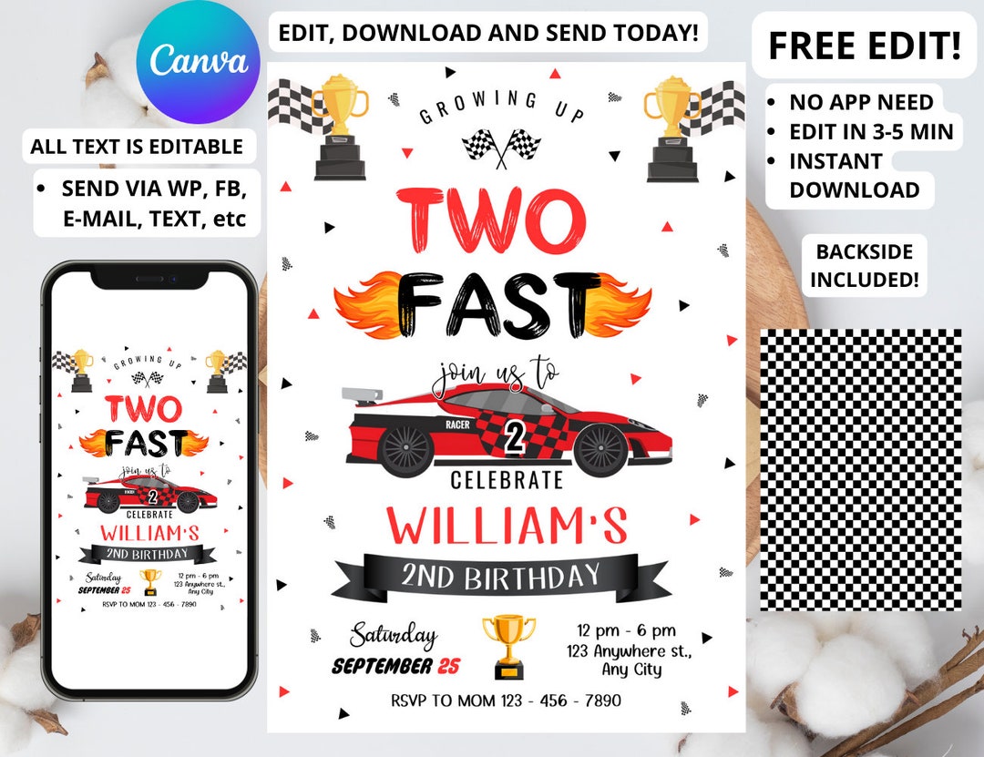 Two Fast Invitation, Racing Car Invites, Instant Download Racing Car ...