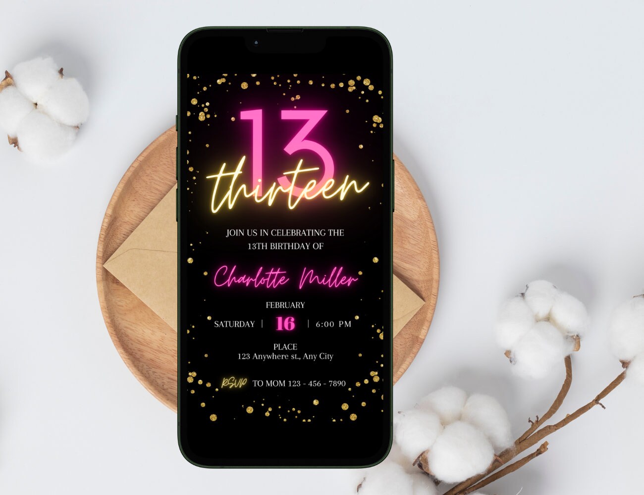 13th Birthday Invitation for Girl, Gold Glitter Pink Neon, Editable ...