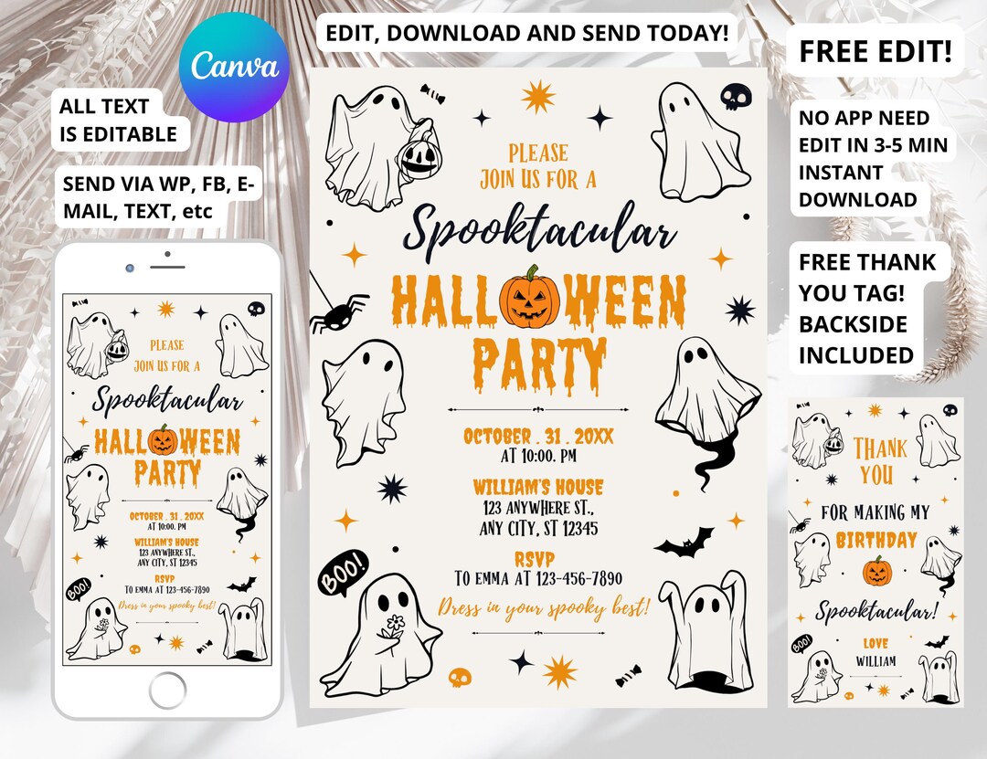 Editable Halloween Birthday Invitation, Halloween Ghost Invitation ...