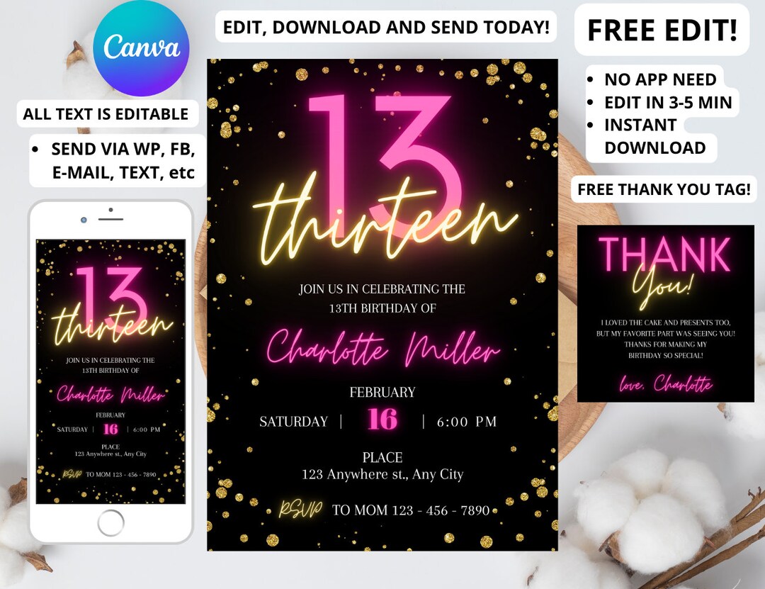 13th Birthday Invitation for Girl, Gold Glitter Pink Neon, Editable ...
