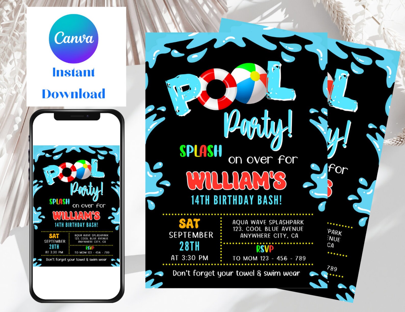 Editable Pool Party, Pool Party Birthday, 4x6 & 5x7, Splash Invitation ...