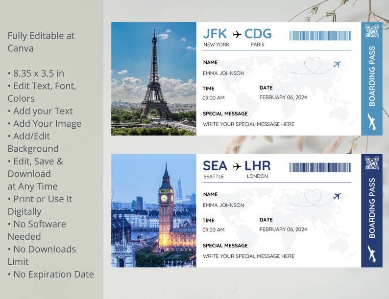 Editable Boarding Pass Canva Template, Printable Airline Ticket ...