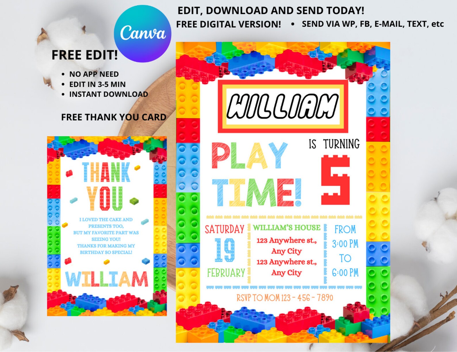 Building Blocks Birthday Invitation Building Bricks Kids Birthday Party ...
