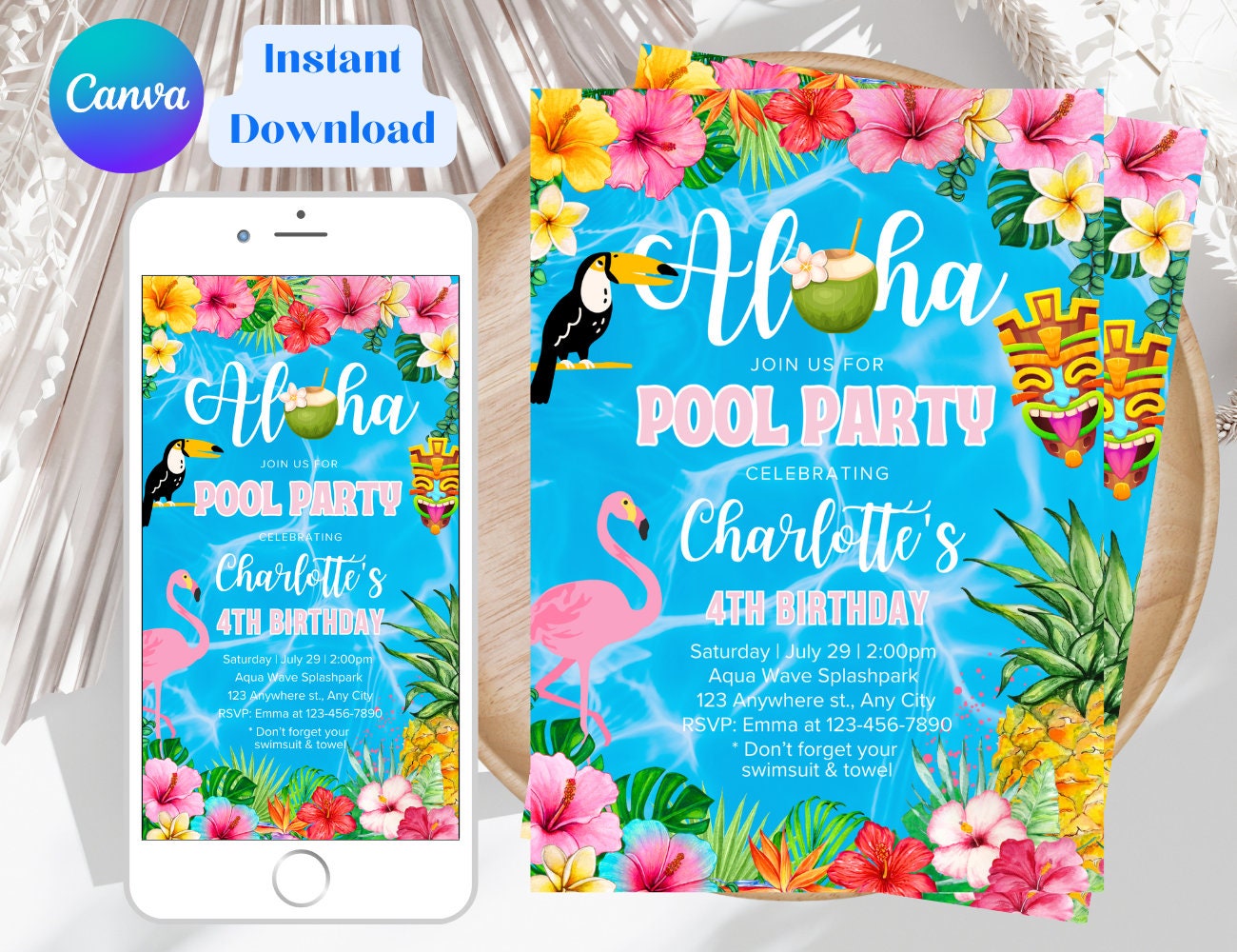 Editable Aloha Pool Party Invitation, Hawaiian Birthday Invite ...