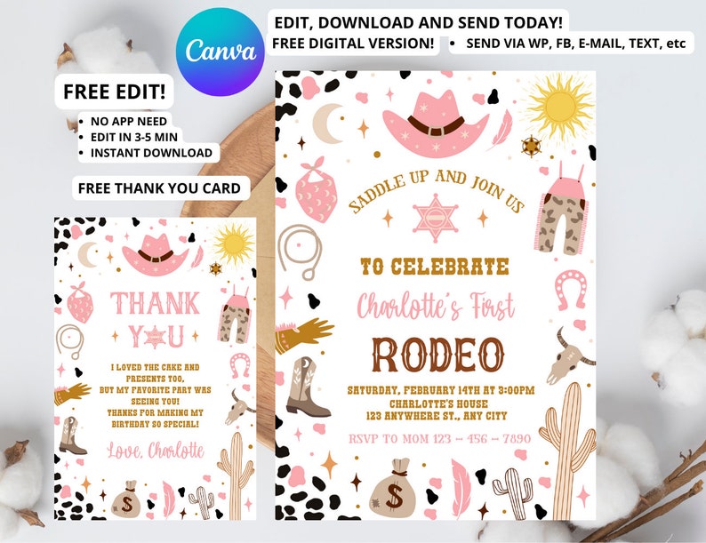Editable My First Rodeo Invitation Cowgirl Birthday Invite Wild West ...