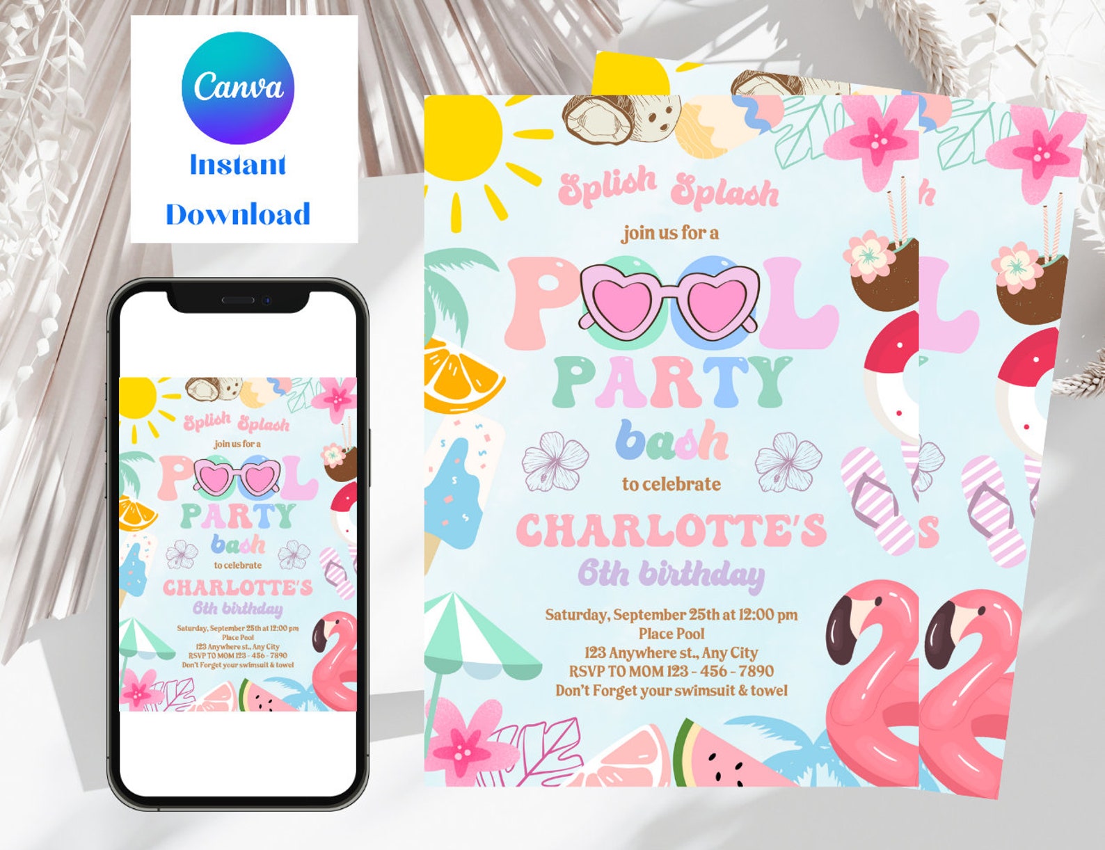 Editable Pool Party Invitation Tropical Splish Splash Girly Pool Party ...