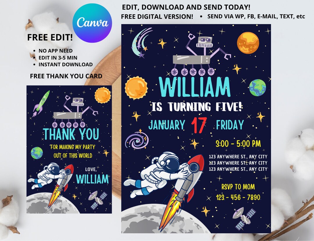 Outer Space Birthday Invitation Template, Planets Rocket Ship Astronaut ...