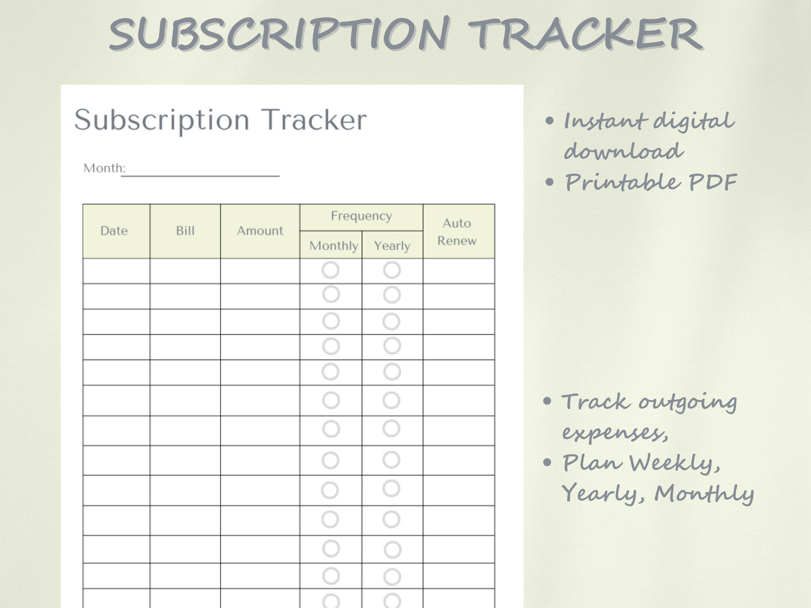 Subscription Tracker Printable Budget Monthly, Weekly, Yearly, Budget ...