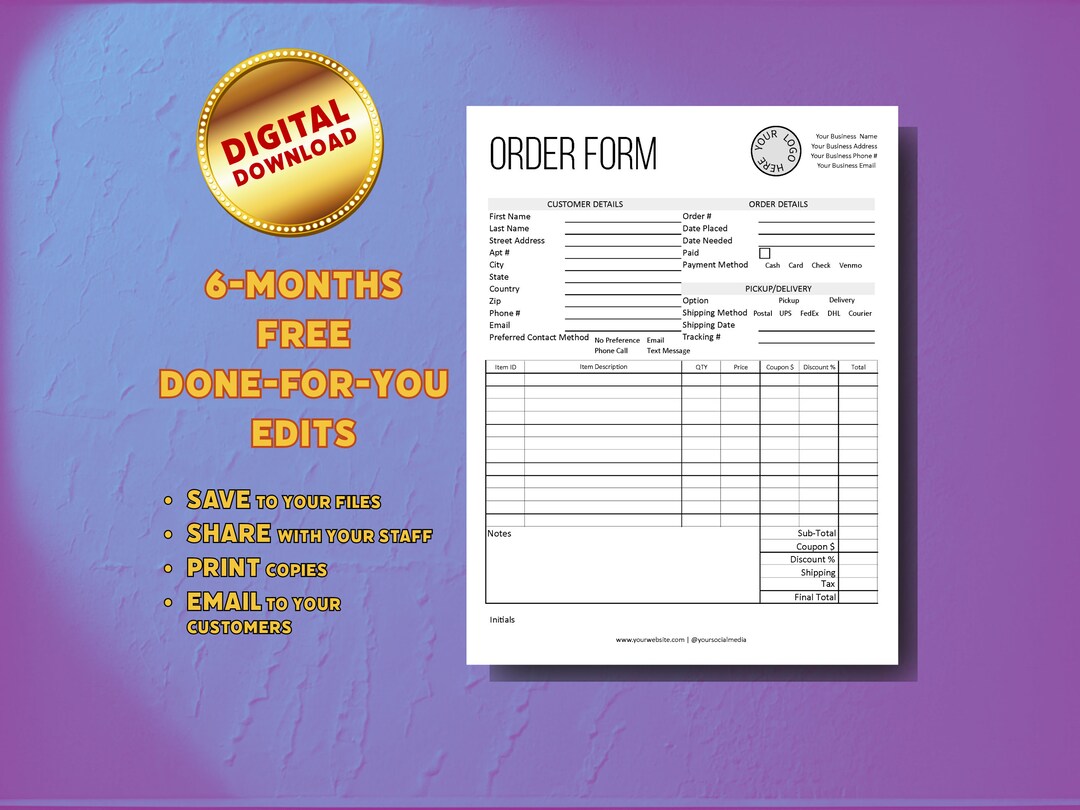 Done for You Digital Order Form, Custom-made Printable Electronic ...