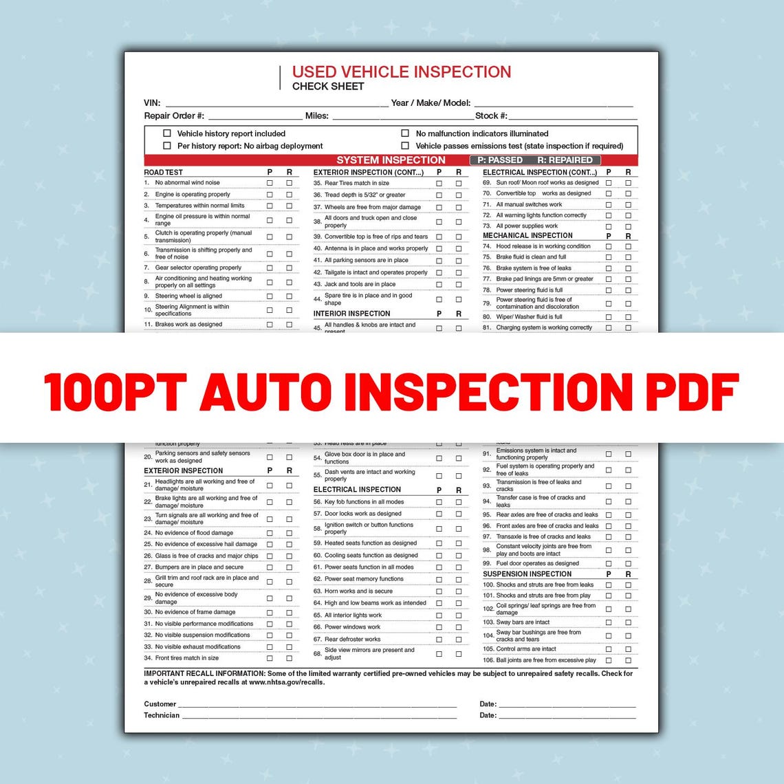 100 Point Used Vehicle Inspection Check Sheet | Auto Forms | Safety ...
