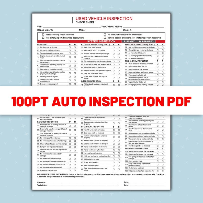100 Point Used Vehicle Inspection Check Sheet | Auto Forms | Safety Checklist | Digital Download ...