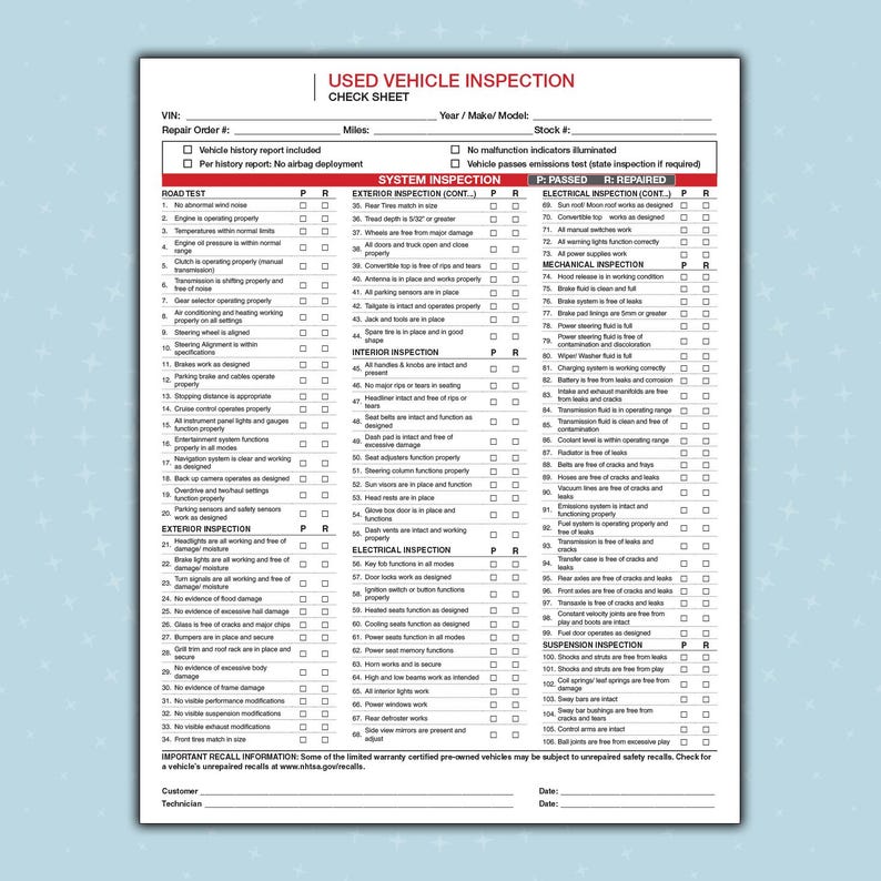 100 Point Used Vehicle Inspection Check Sheet | Auto Forms | Safety ...