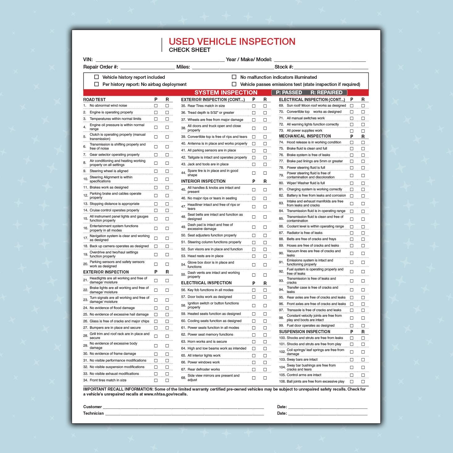 100 Point Used Vehicle Inspection Check Sheet | Auto Forms | Safety ...