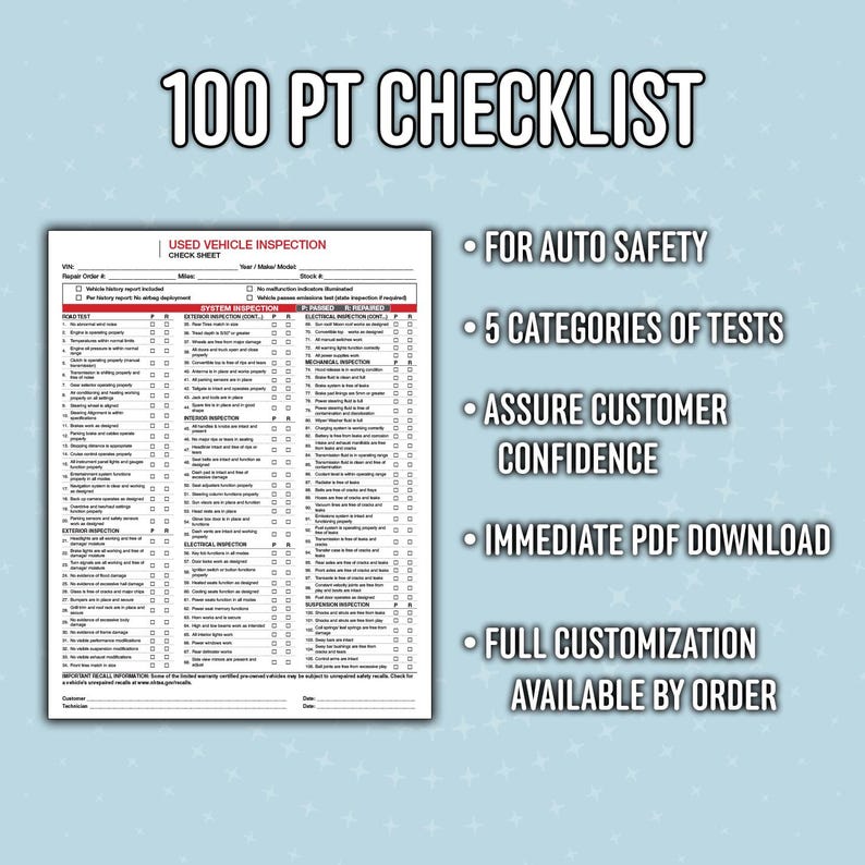 100 Point Used Vehicle Inspection Check Sheet | Auto Forms | Safety ...
