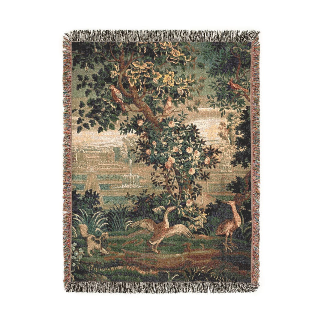 French Verdure Tapestry Blanket, Chateau Garden Woven Wall Hanging ...