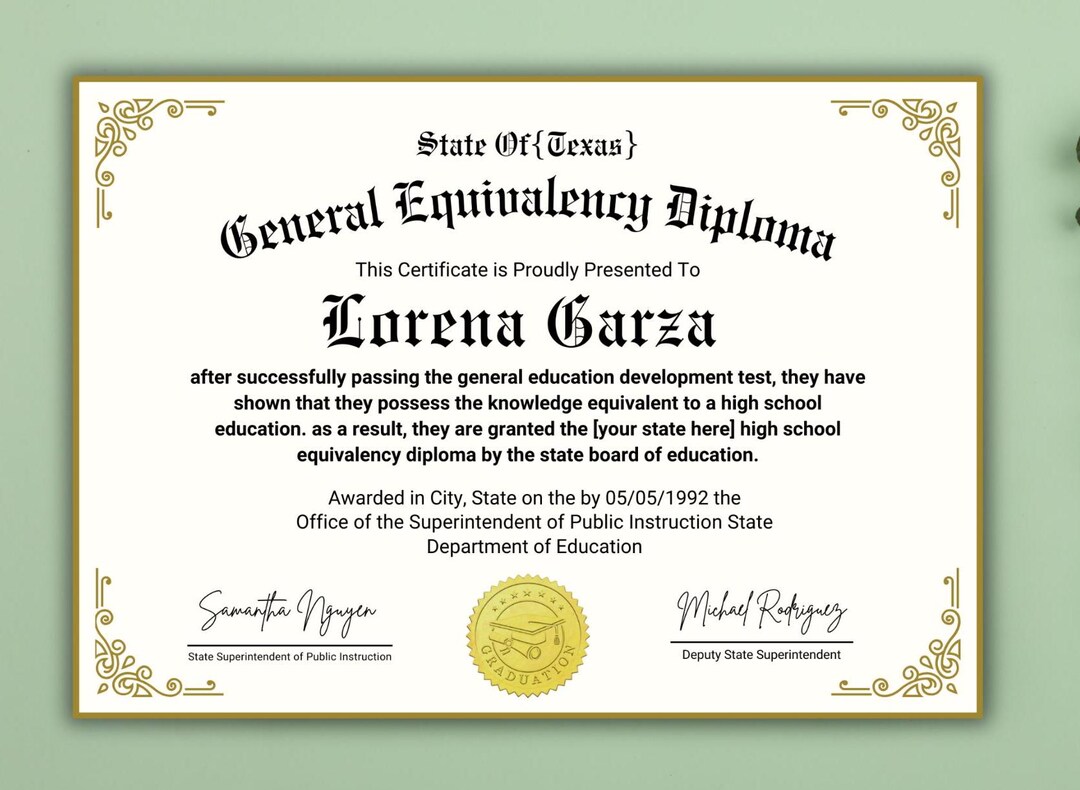 Printable GED Diploma Template, High School Diploma, School Equivalency ...