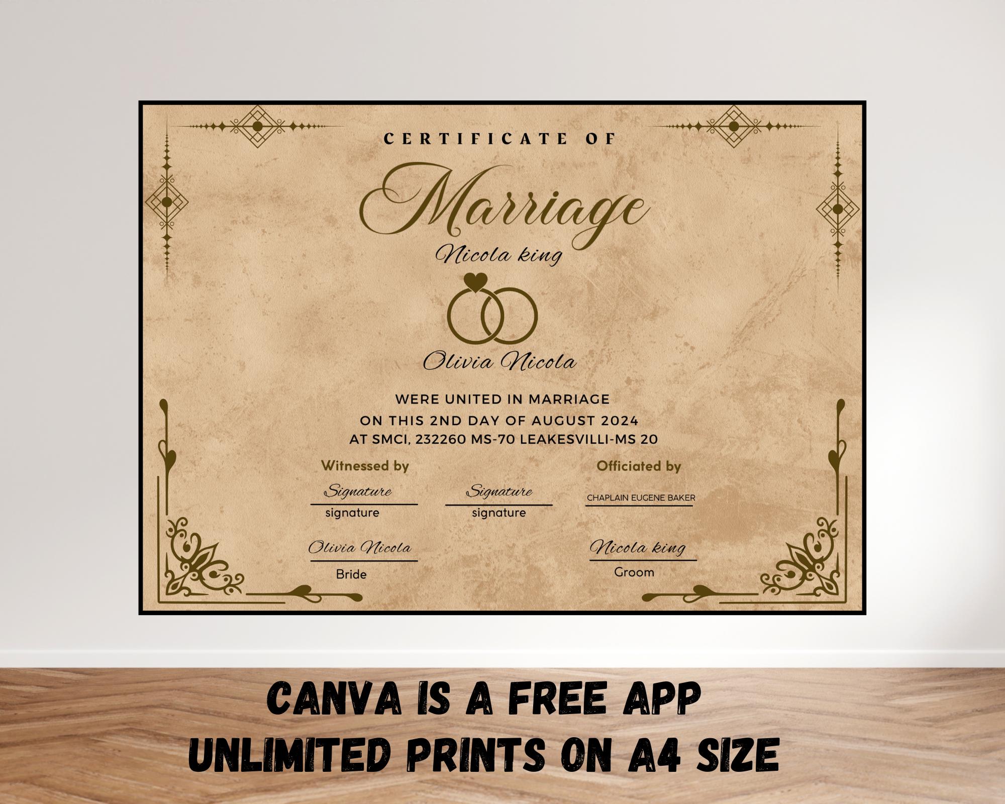 Editable Marriage Certificate Template: Modern Design (digital Download ...
