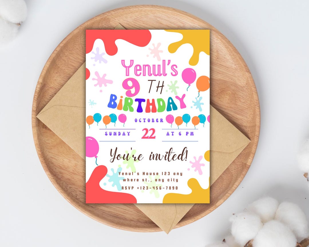 Editable Colorful Birthday Invitation, Rainbow Birthday, Paint Splatter ...