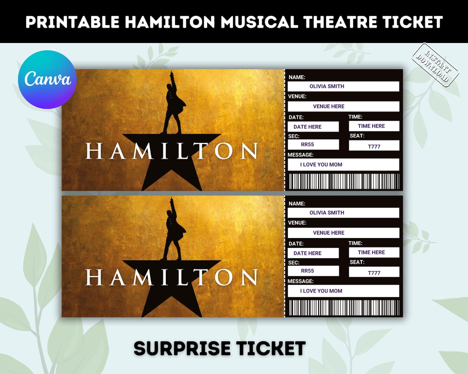 Printable Hamilton Musical Theatre Ticket, Personalized Gift Reveal Ticket, Broadway Souvenir ...