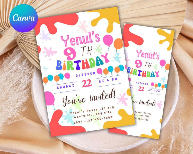 Editable Colorful Birthday Invitation, Rainbow Birthday, Paint Splatter ...