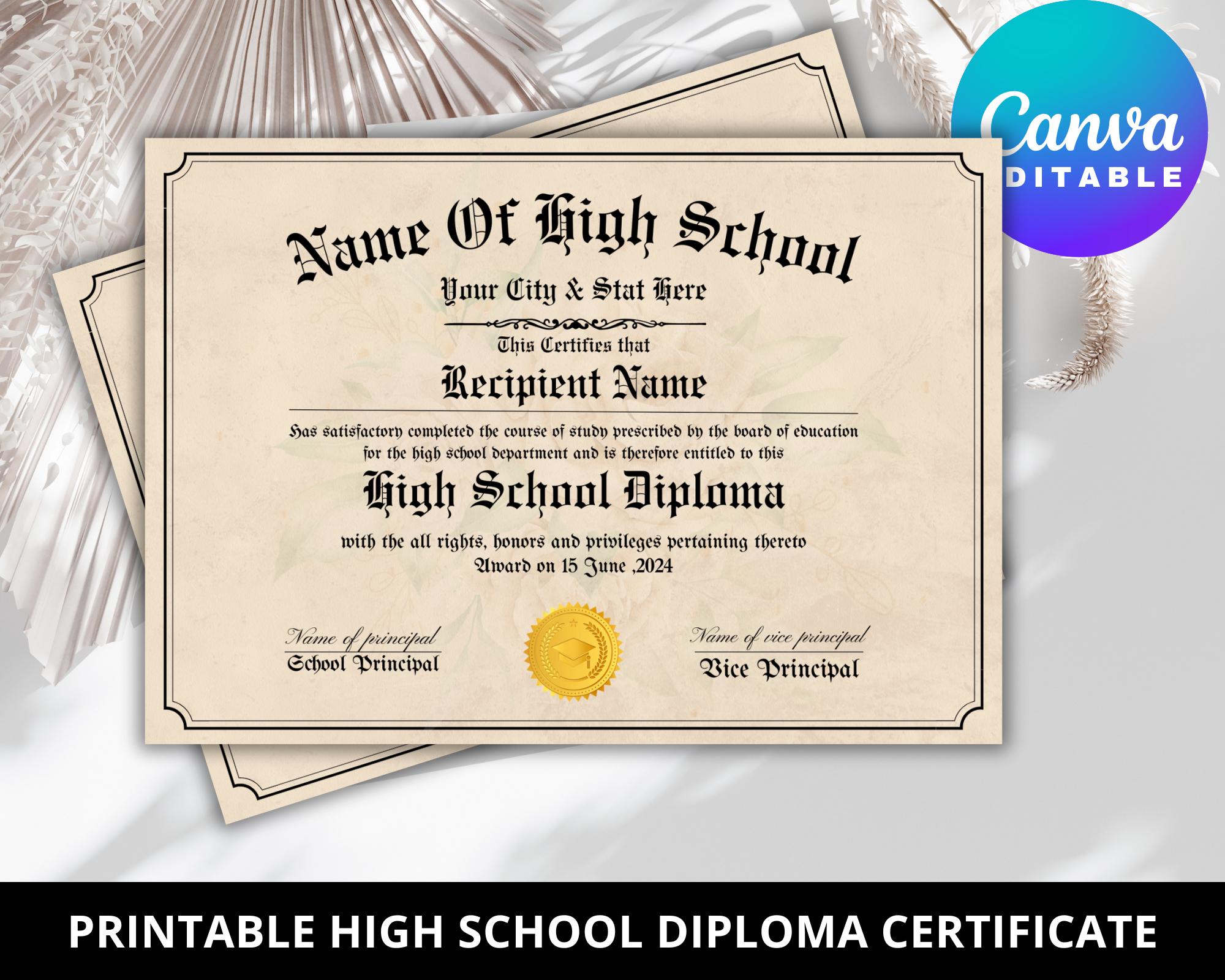 Printable High School Diploma Template: Customizable Replica (instant ...
