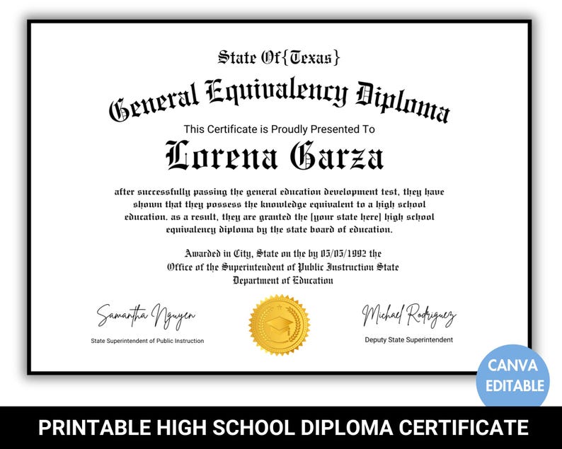 Editable GED Diploma Template, High School Diploma, School Equivalency ...