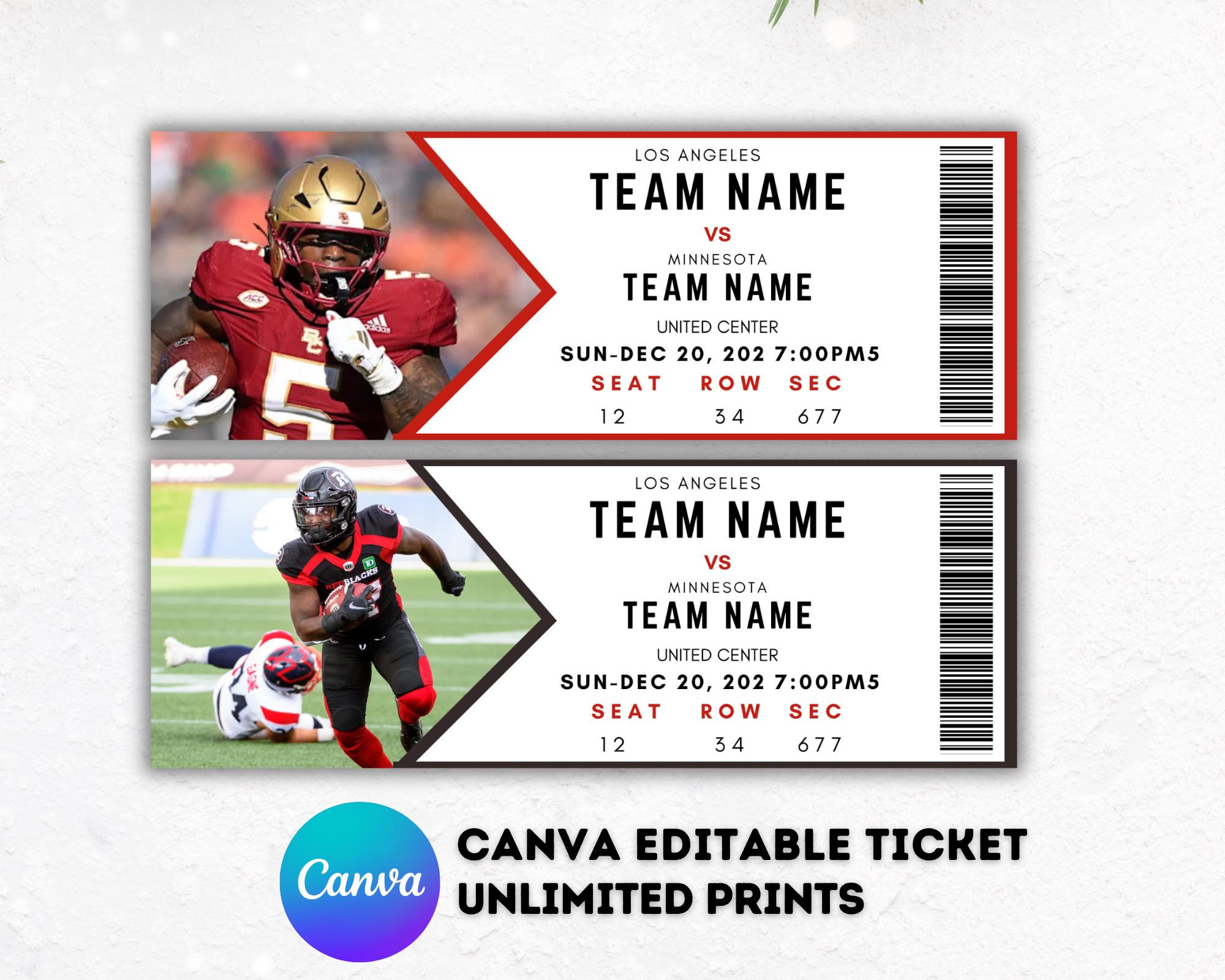 Custom Football Game Ticket Template, Football Ticket, Personalized ...