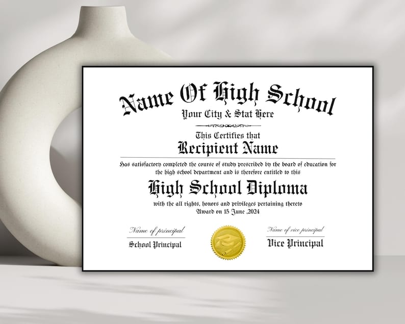 Printable High School Diploma Template: Customizable Replica (instant ...