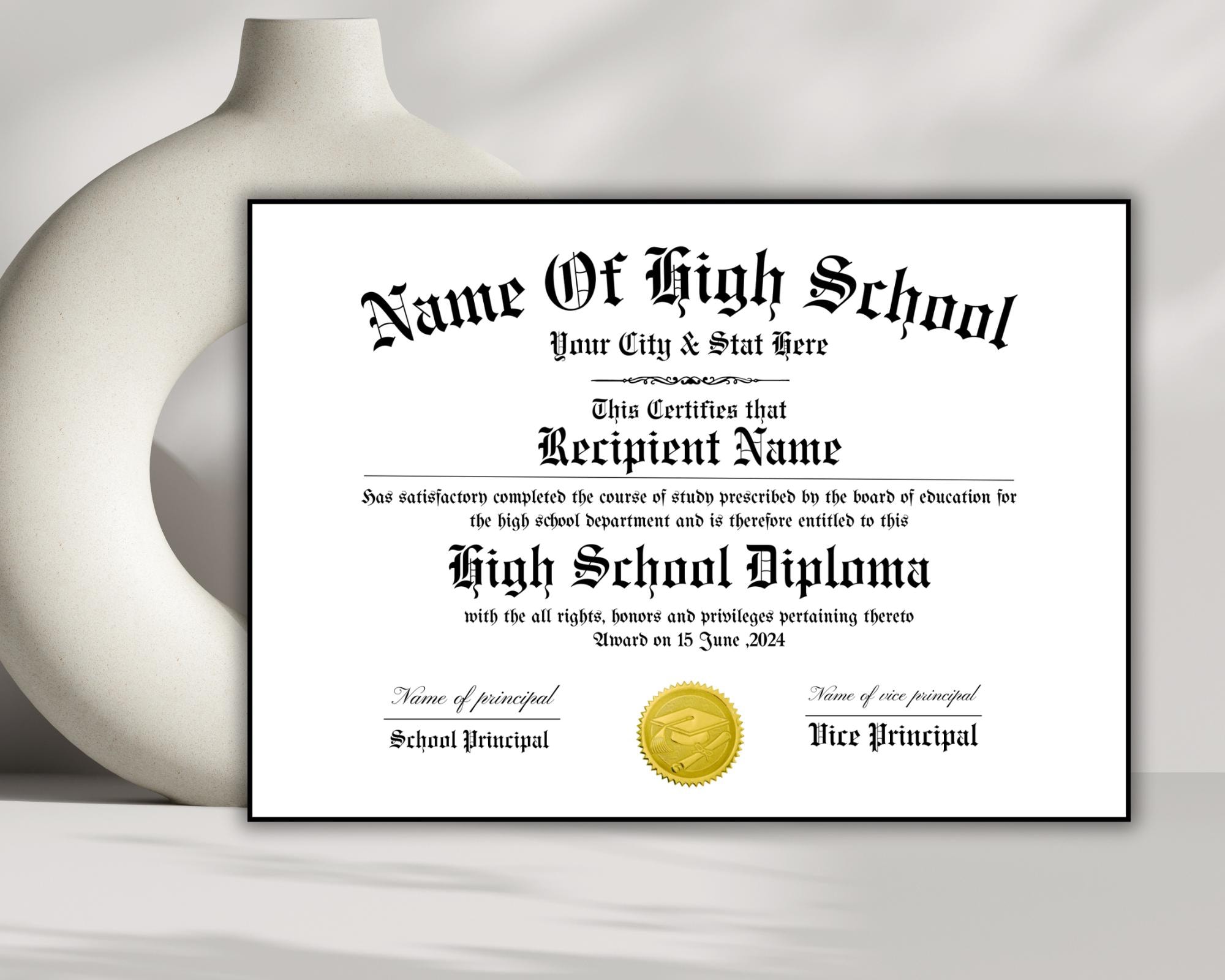 Printable High School Diploma Template: Customizable Replica (instant ...
