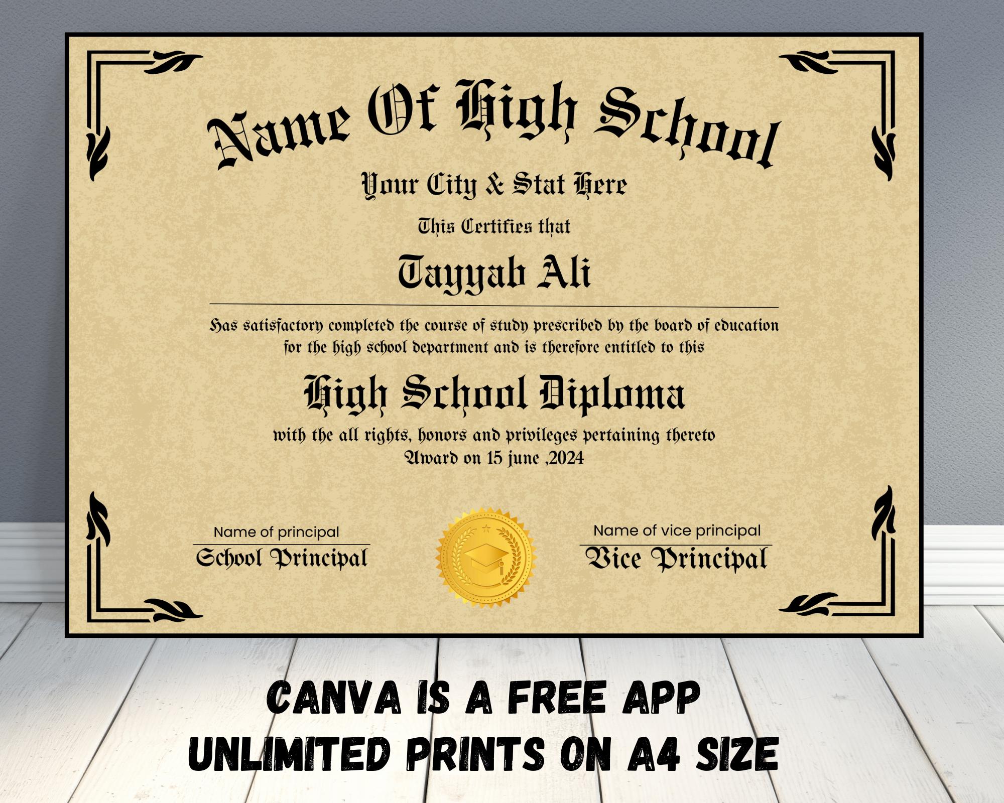 Printable High School Diploma Template: Customizable Replica (digital ...