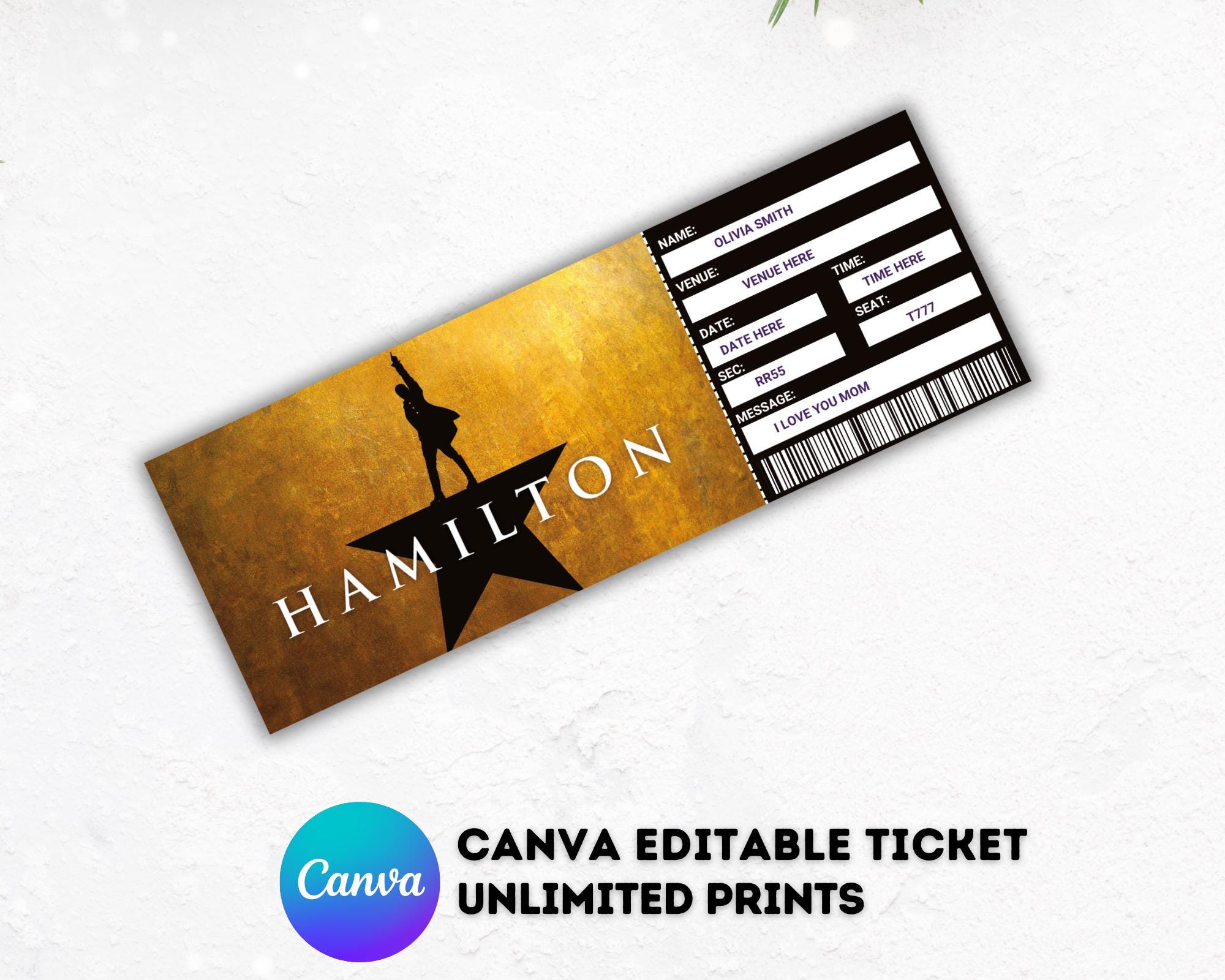 Printable Hamilton Musical Theatre Ticket, Personalized Gift Reveal ...