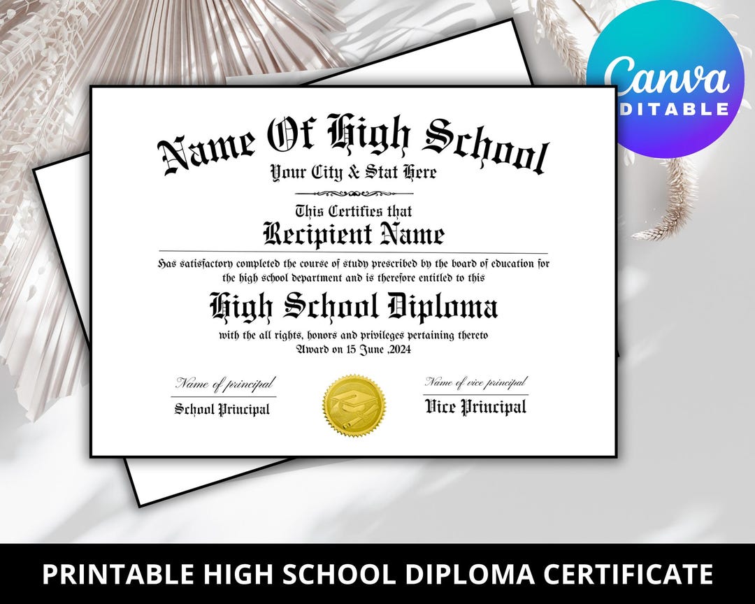 Printable High School Diploma Template: Customizable Replica (instant ...