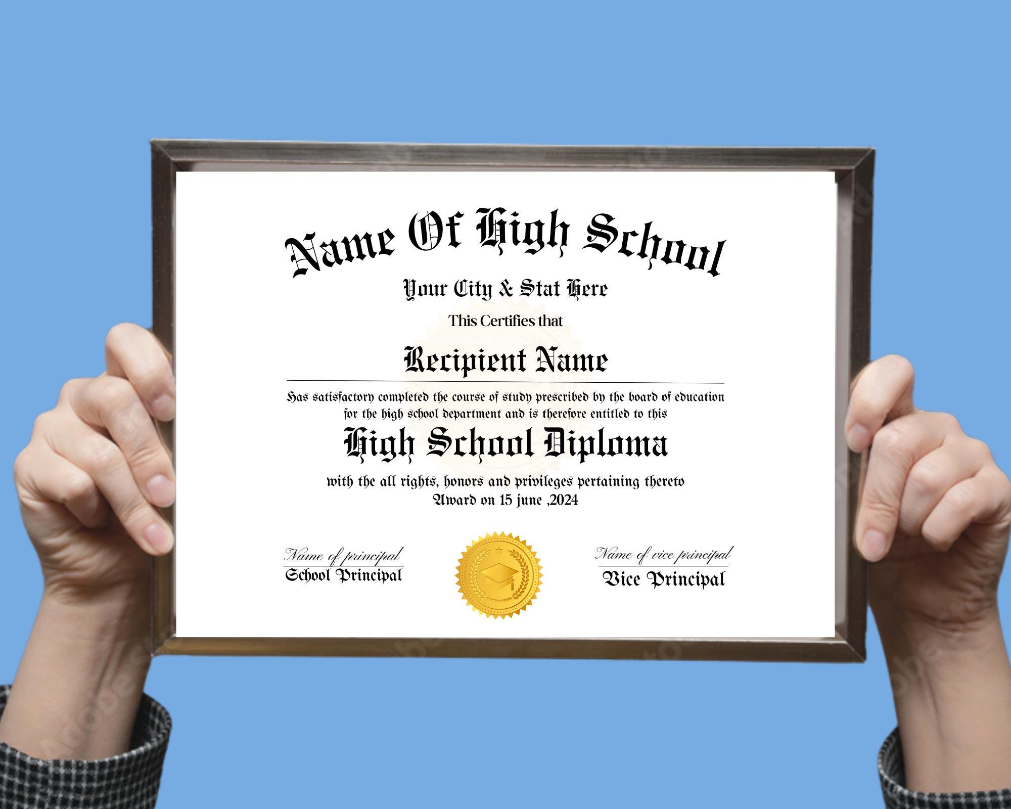 Printable High School Diploma Template: Customizable Replica (instant ...