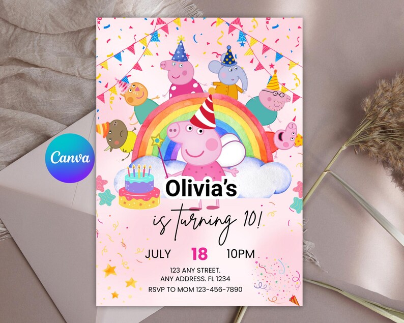 Editable Peppa Pig Birthday Invitation Template, Fairy Bday Party Theme ...
